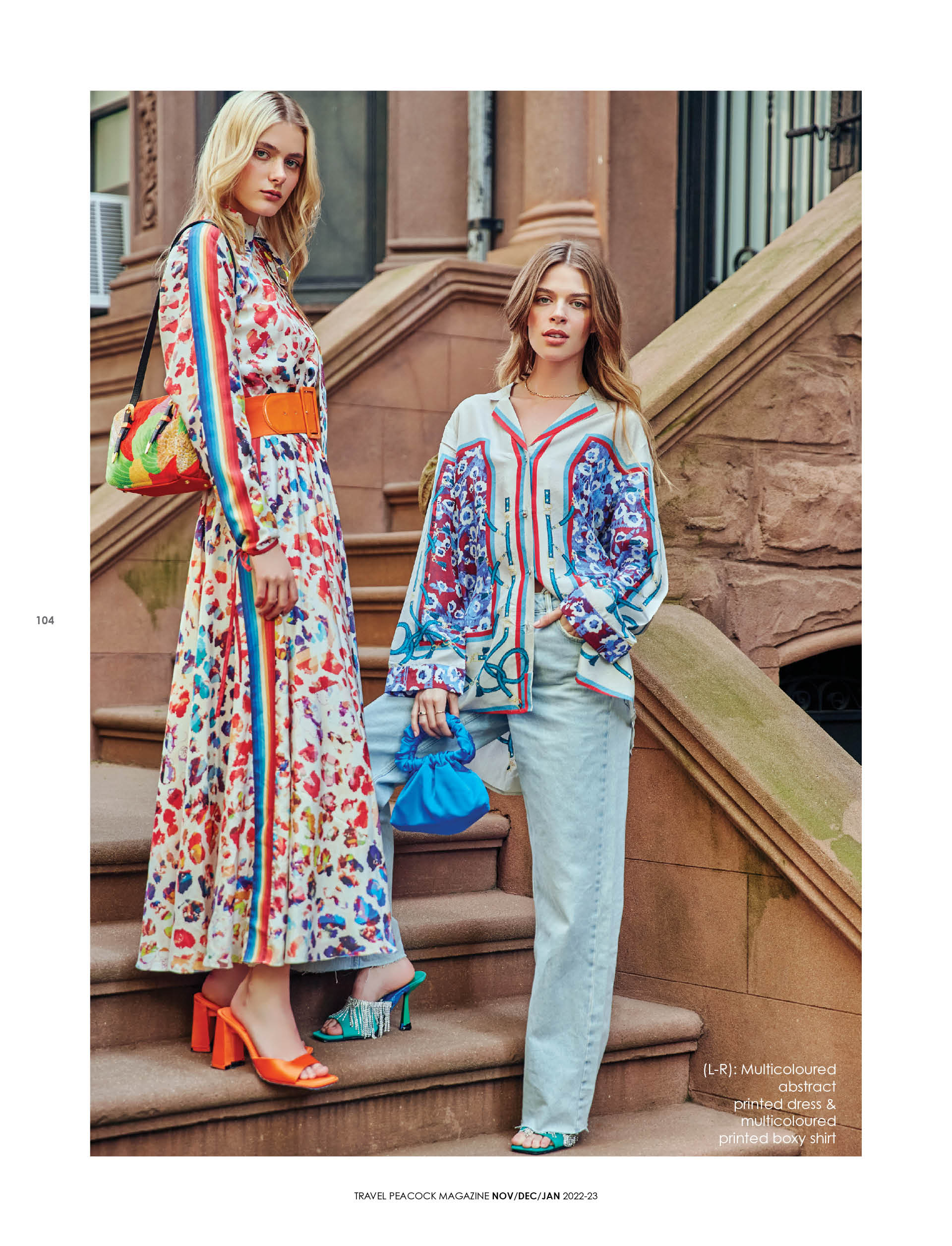 GIRLS ABOUT TOWN - Bold prints splashed on evergreen..